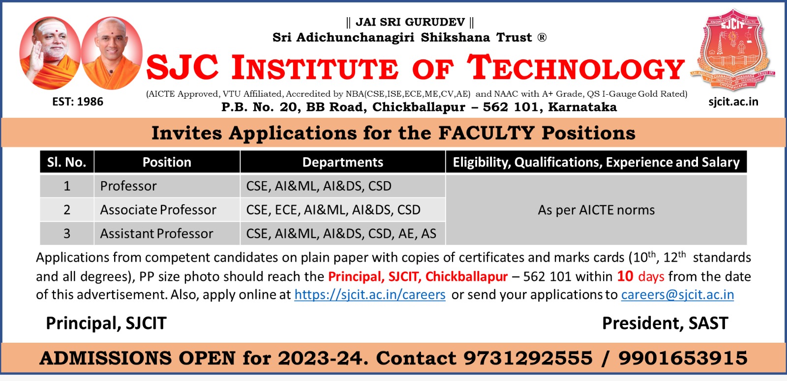 Careers - SJCIT | Best Engineering College Near Bengaluru